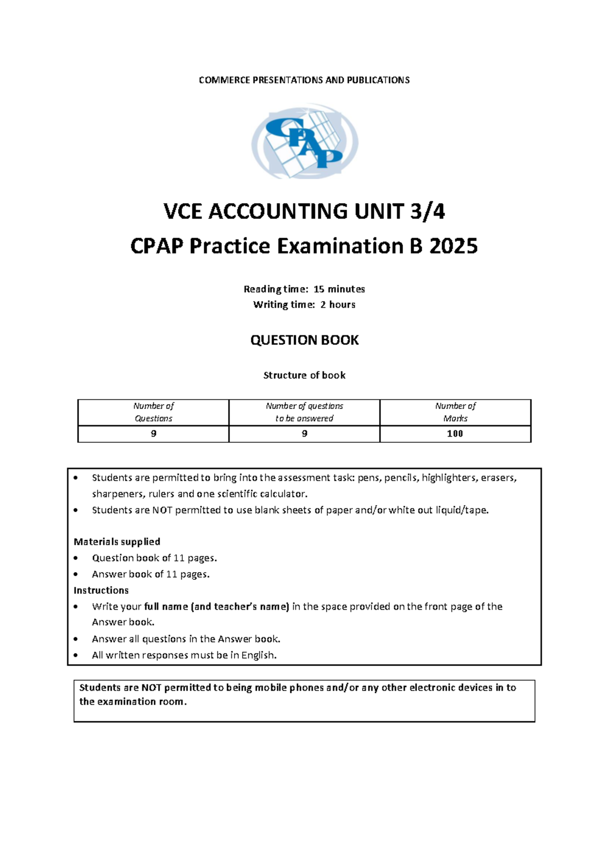 CPAP 2025 VCE Accounting Unit 3&4 Exam B: Question Book - Studocu