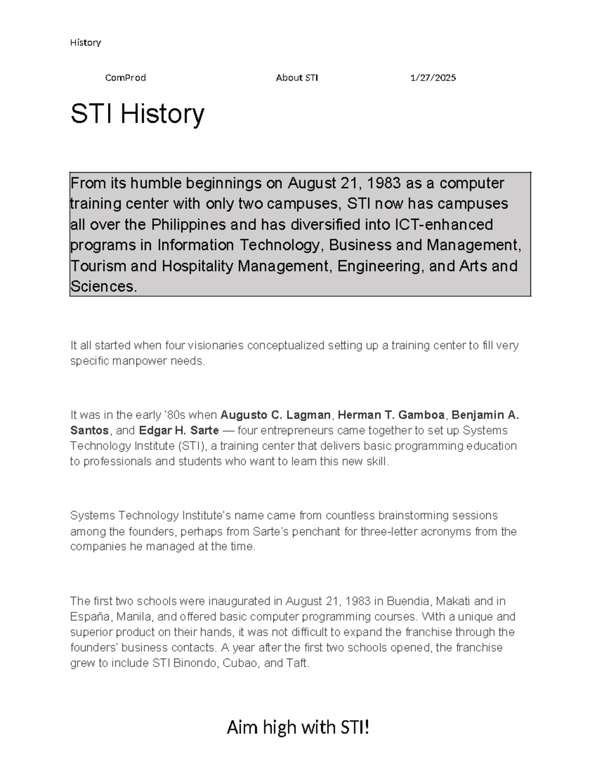 STI History: From Training Center to Educational Leader - Studocu