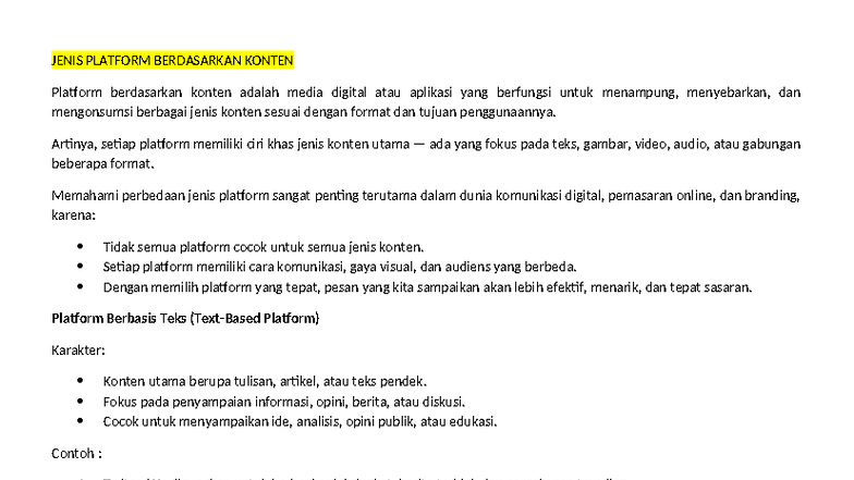 Jenis Platform Berdasarkan Konten Digital: Analisis dan Contoh - Studocu