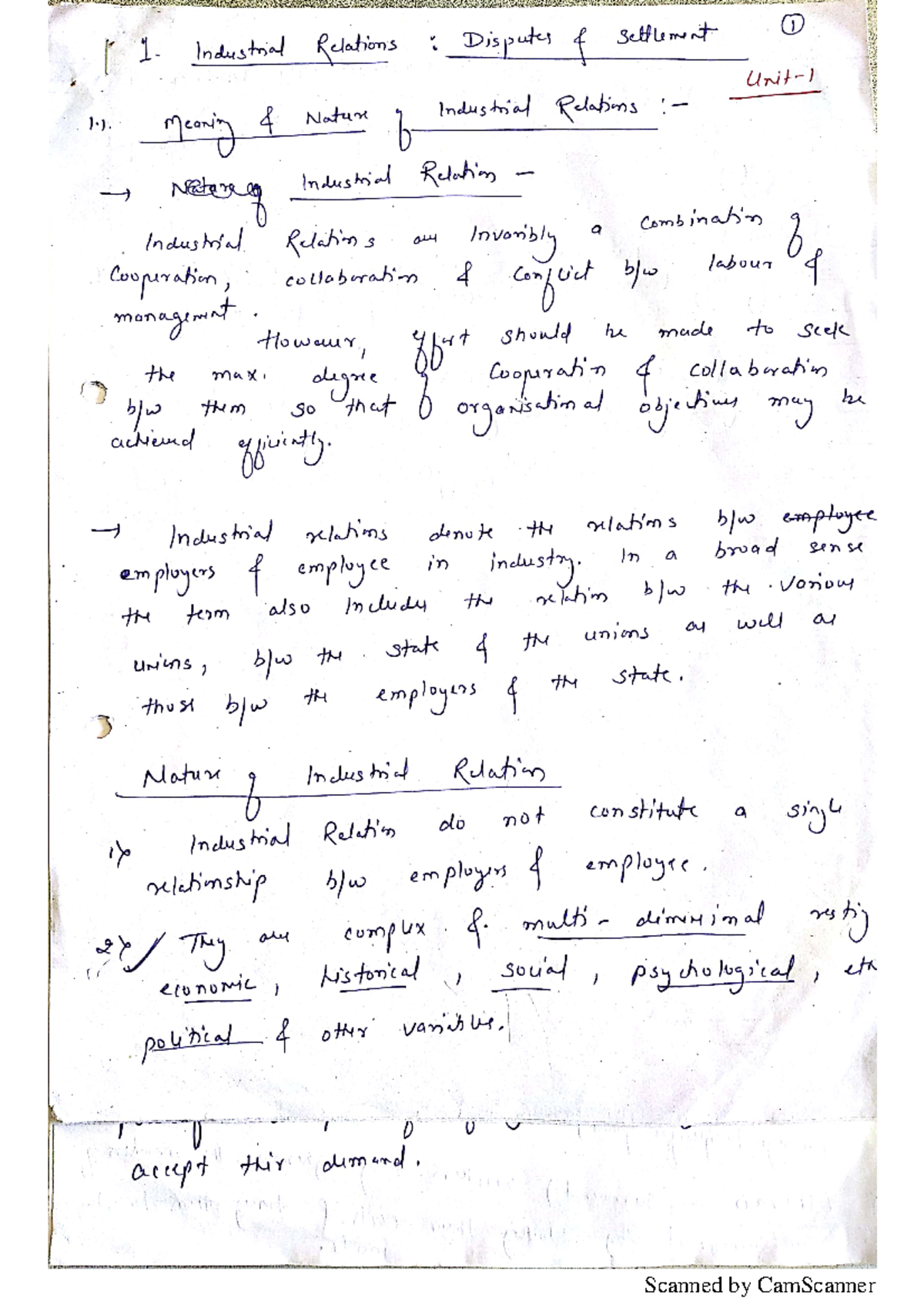 Industrial Management unit -1 notes - I 1 1. Industrial Relations ...
