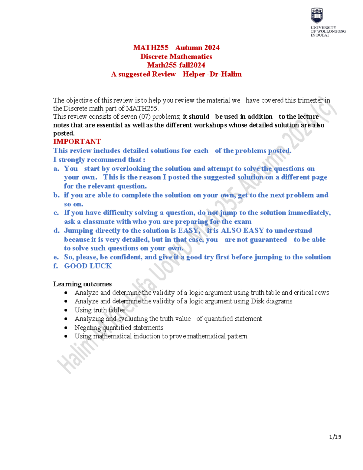 MATH255 Autumn 2024 Discrete Math Review & Solutions Guide - Studocu