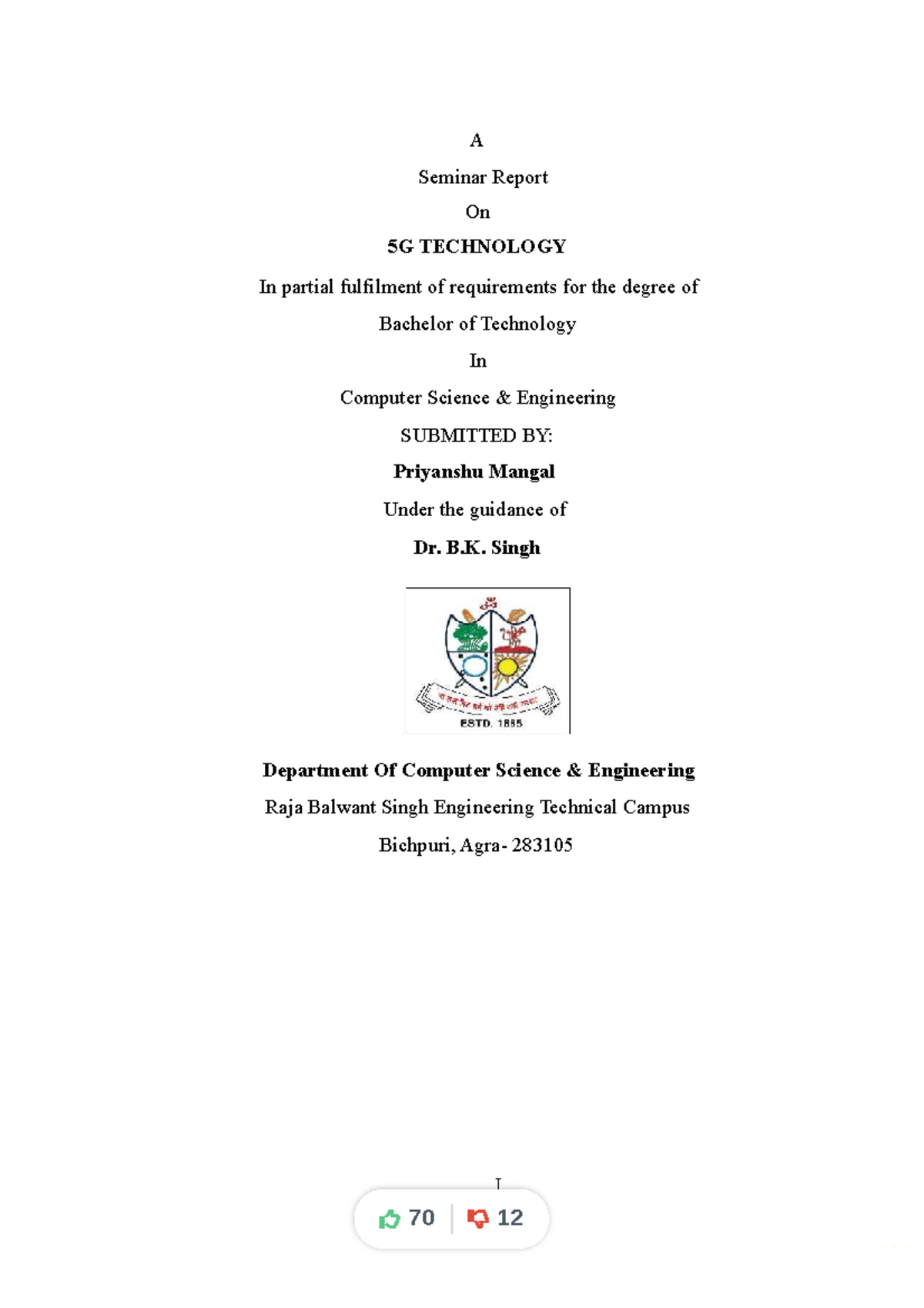 5G Technology - I A Seminar Report On 5G TECHNOLOGY In partial ...
