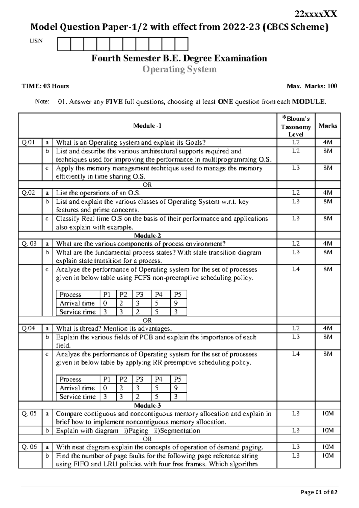 BEC405C - Model Question Paper for Operating Systems (2022-23) - Studocu