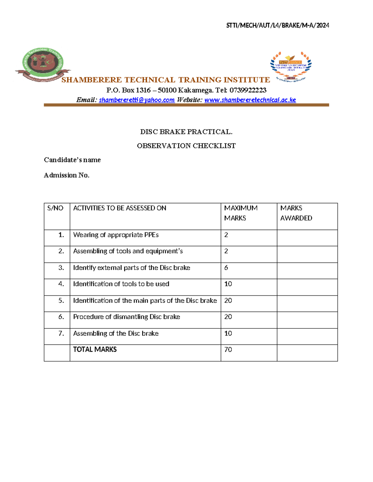 STTI/MECH/AUT/L4/BRAKE/M-A: Practical Notes on Disc Brake Assessment ...