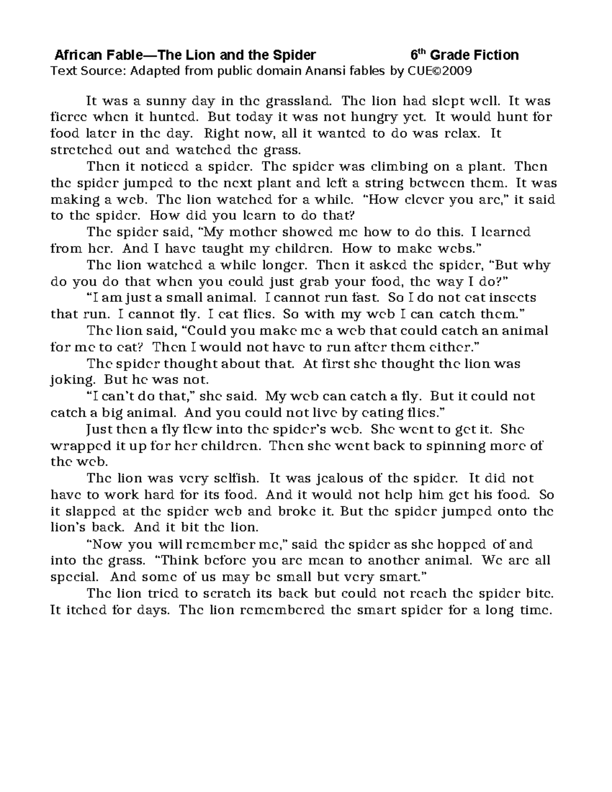 Grade 6 Reading: Character Traits in "The Lion and the Spider" Fable ...