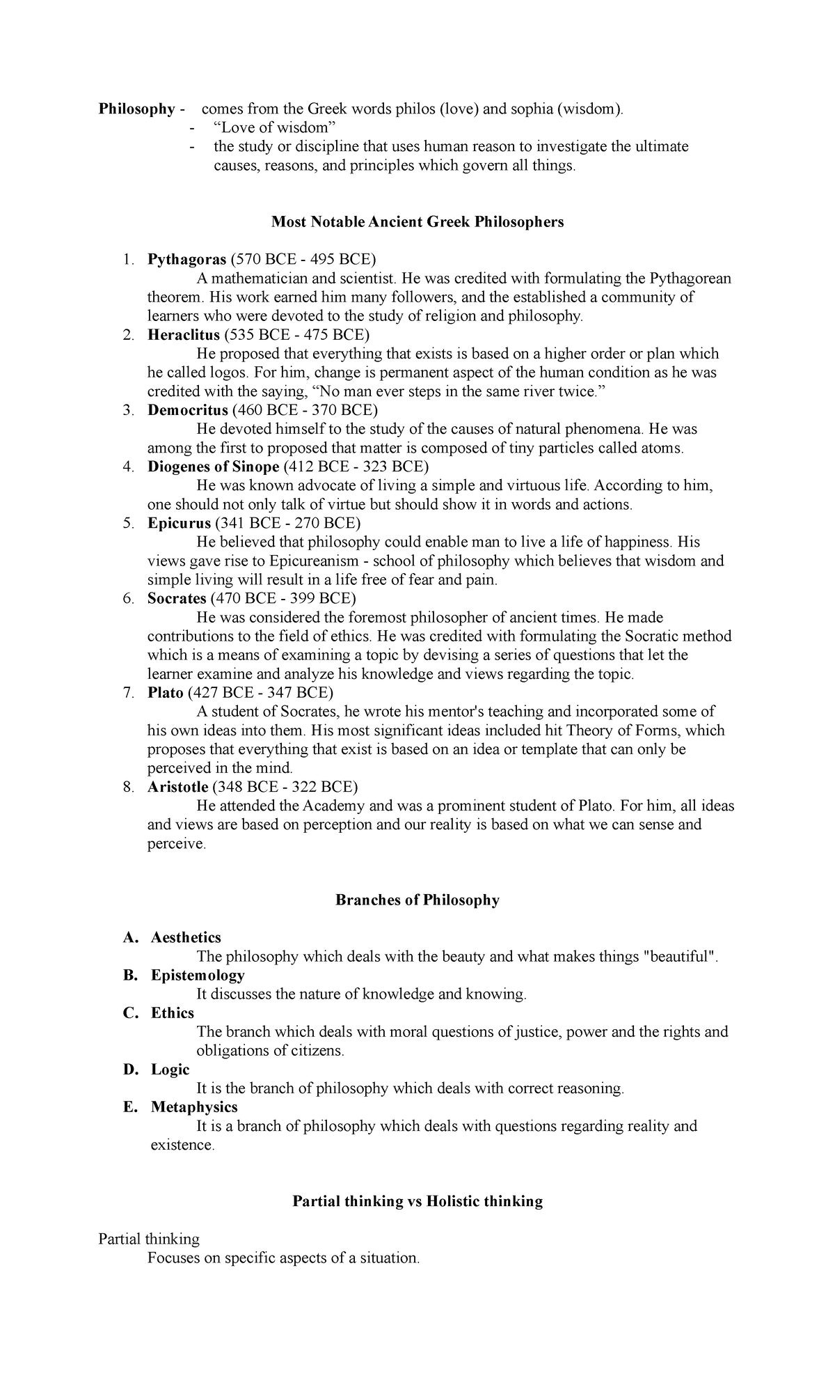 Philosophy Notes: Ancient Philosophers & Branches of Thought - Studocu