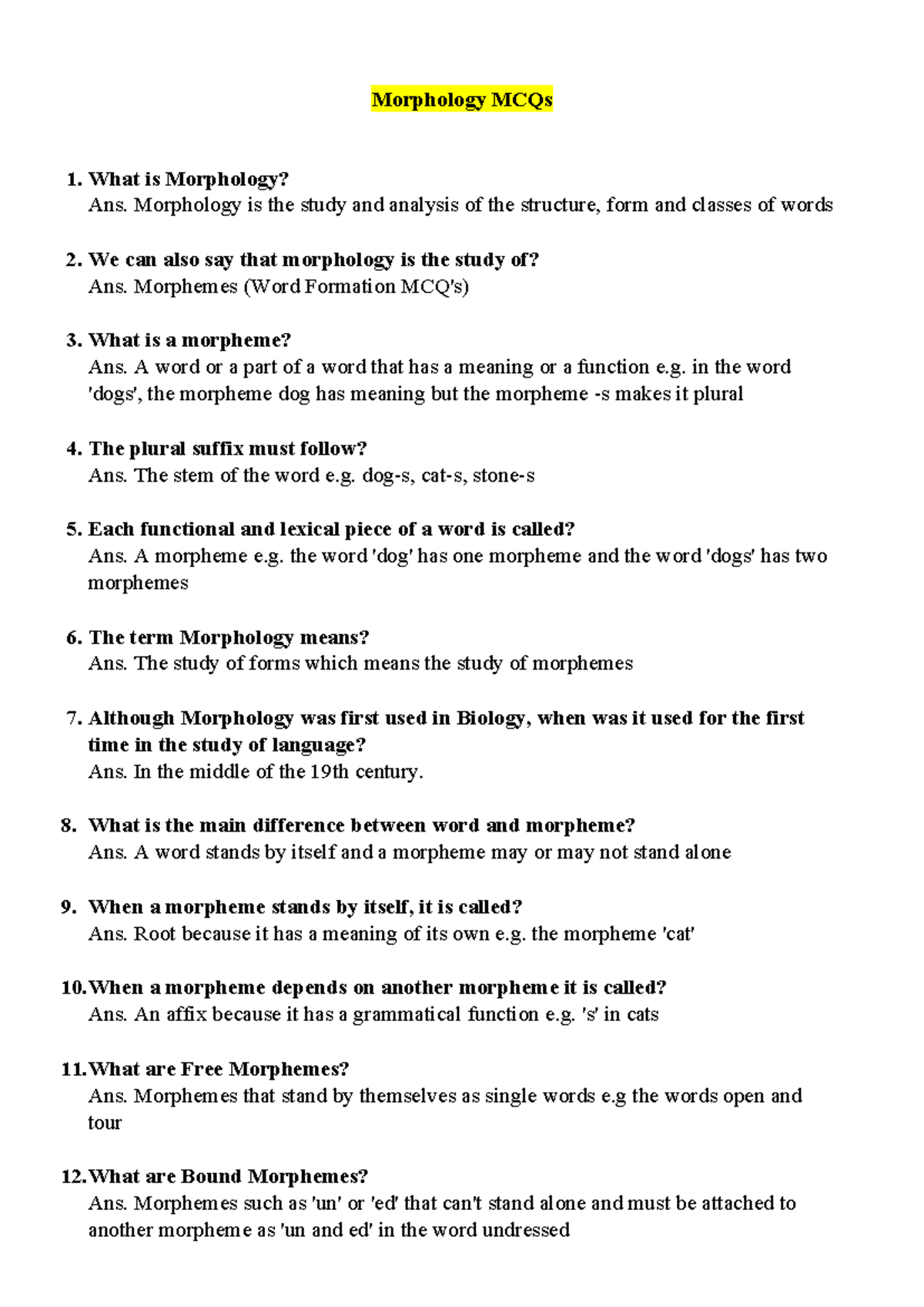 Morphology MCQs - Understanding Word Structure and Morphemes - Studocu