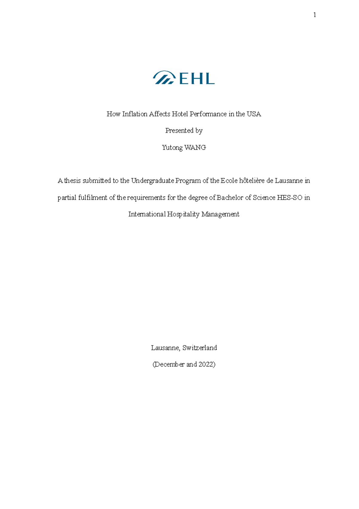 EHL-BA in Int'l Hospitality Mgmt: Impact of Inflation on Hotels - Studocu
