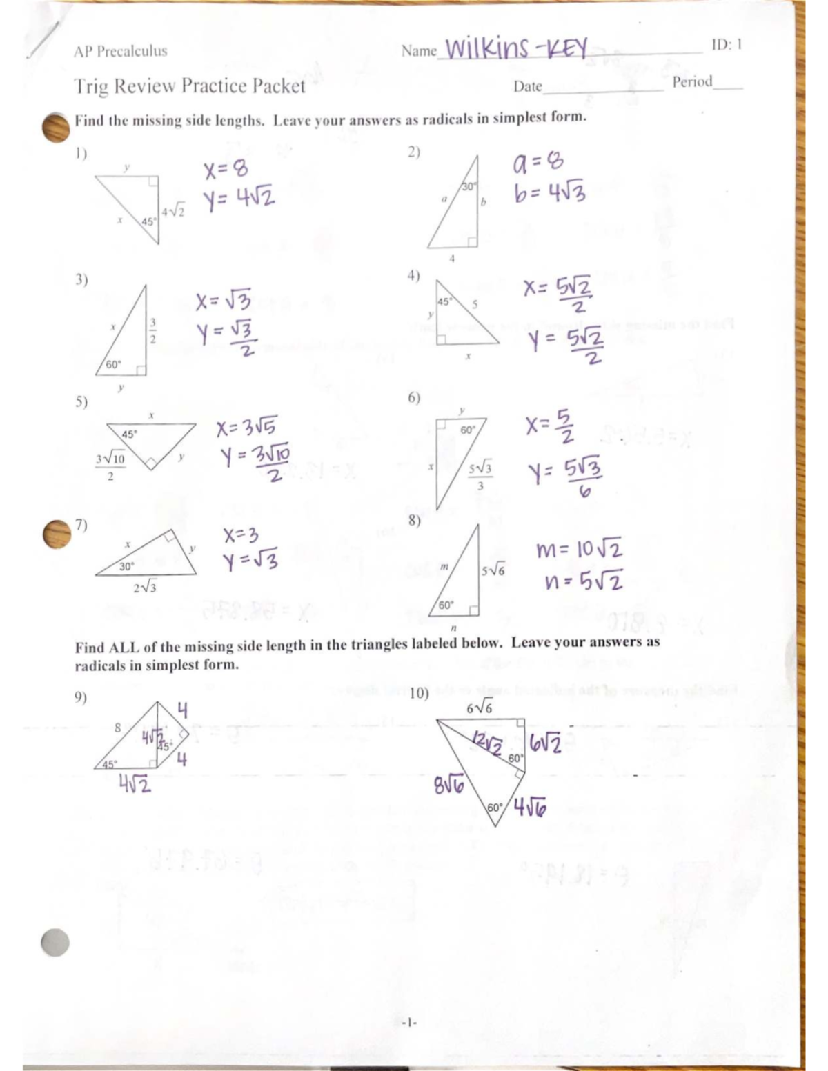 WilKinS AP Precalculus Trig Review Practice Packet KEY - Studocu