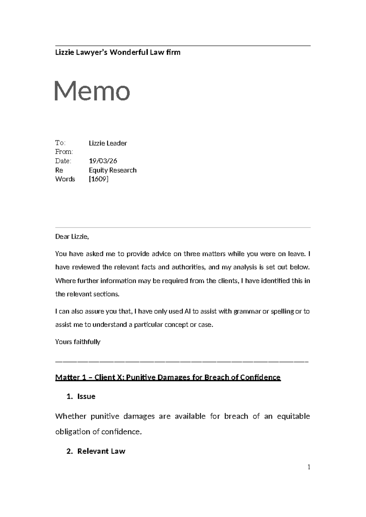 Assignment 1: Equity and Trusts Analysis and Advice Memo - Studocu