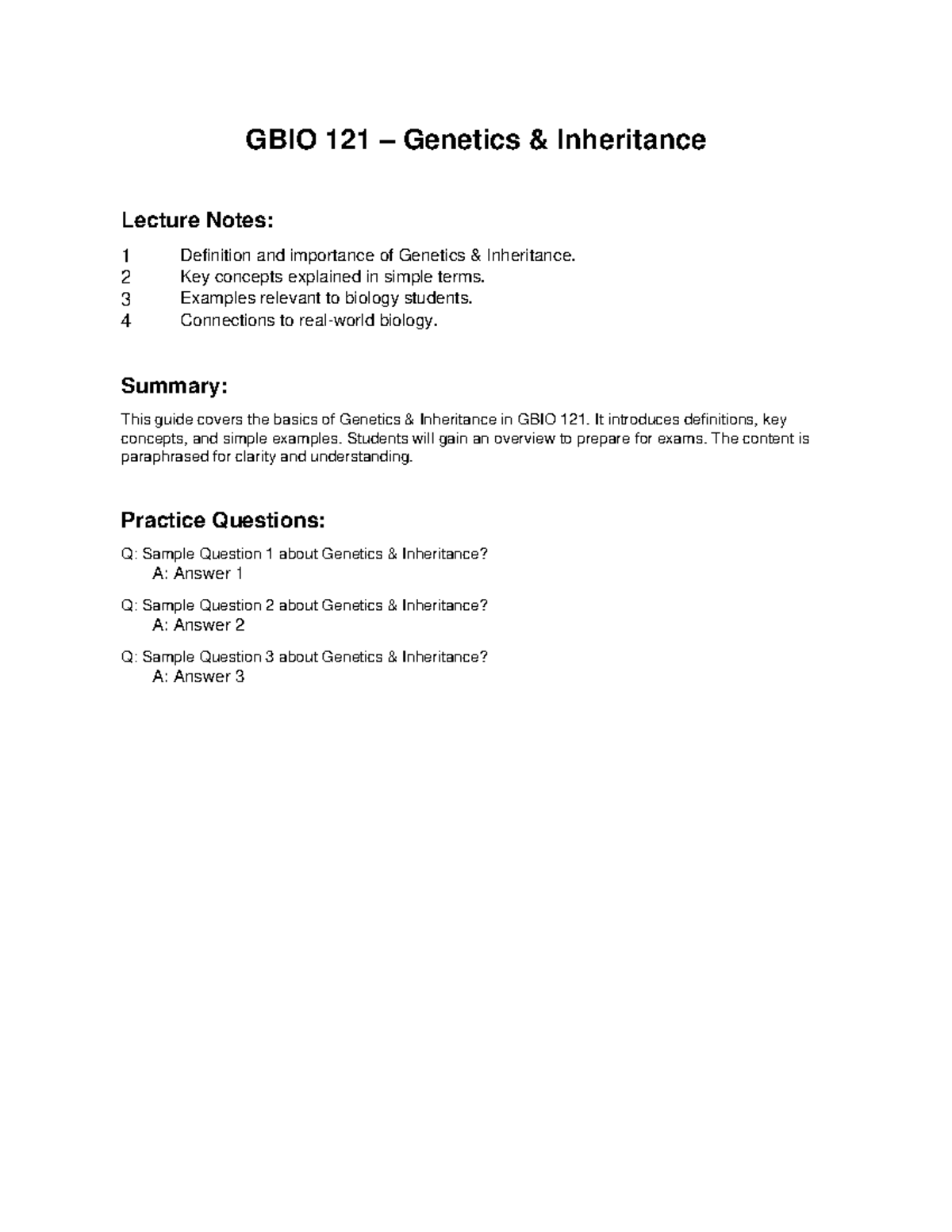 Genetics and Inheritance - GBIO 121 – Genetics & Inheritance Lecture ...