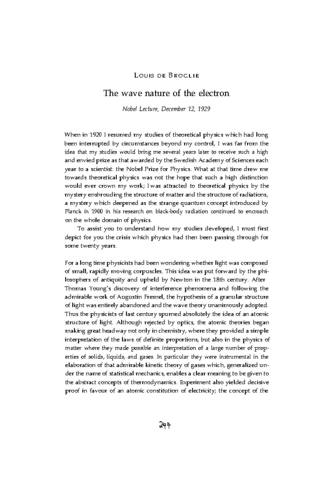 L. DE BROGLIE: Wave Nature of the Electron - Nobel Lecture 1929 - Studocu