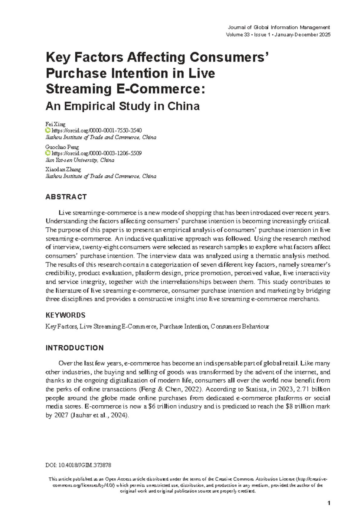 Key Factors Influencing Purchase Intention in Live Streaming: An ...