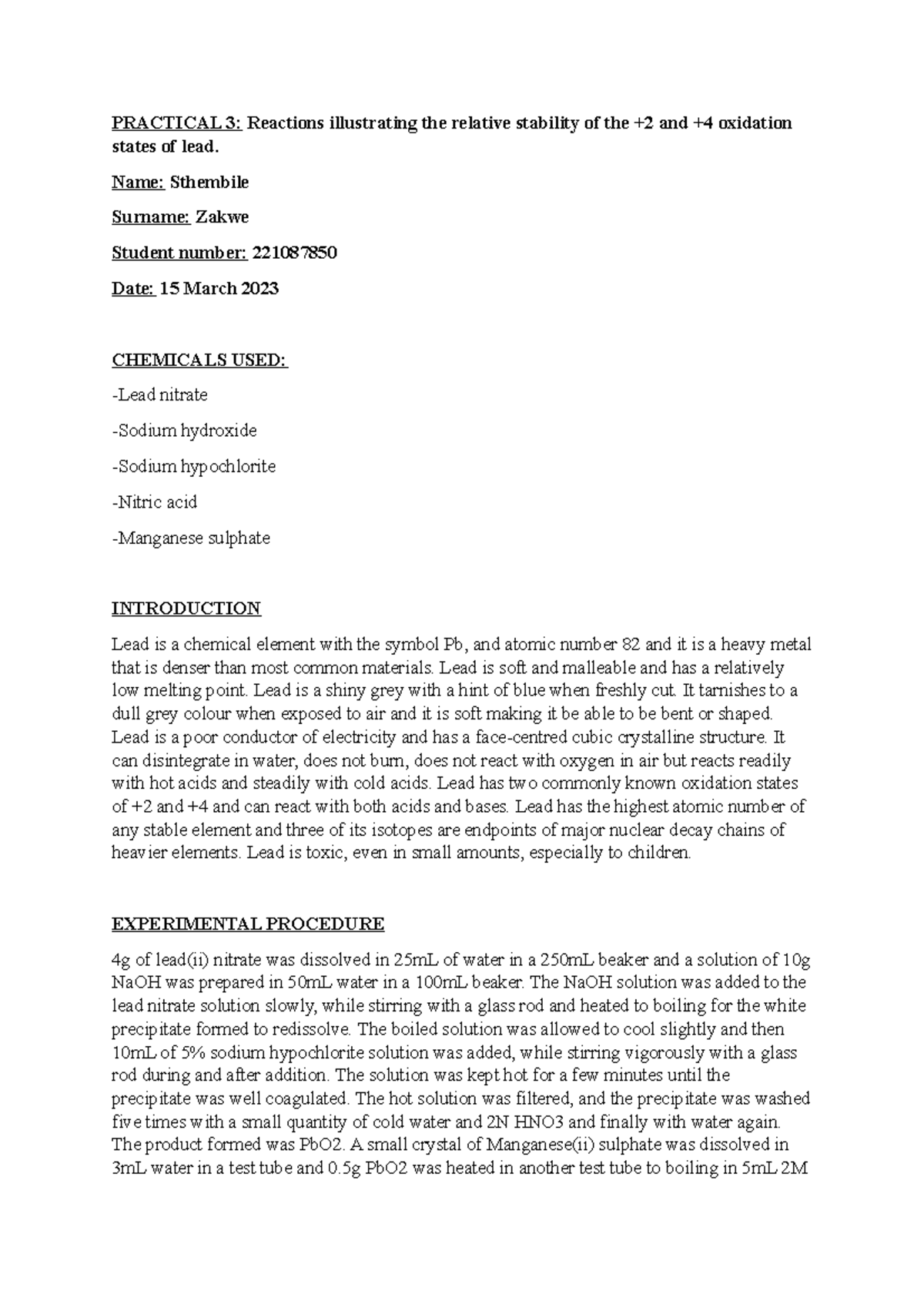 CHEM210 PRAC3 - Stability of Lead Oxidation States: Practical Report ...