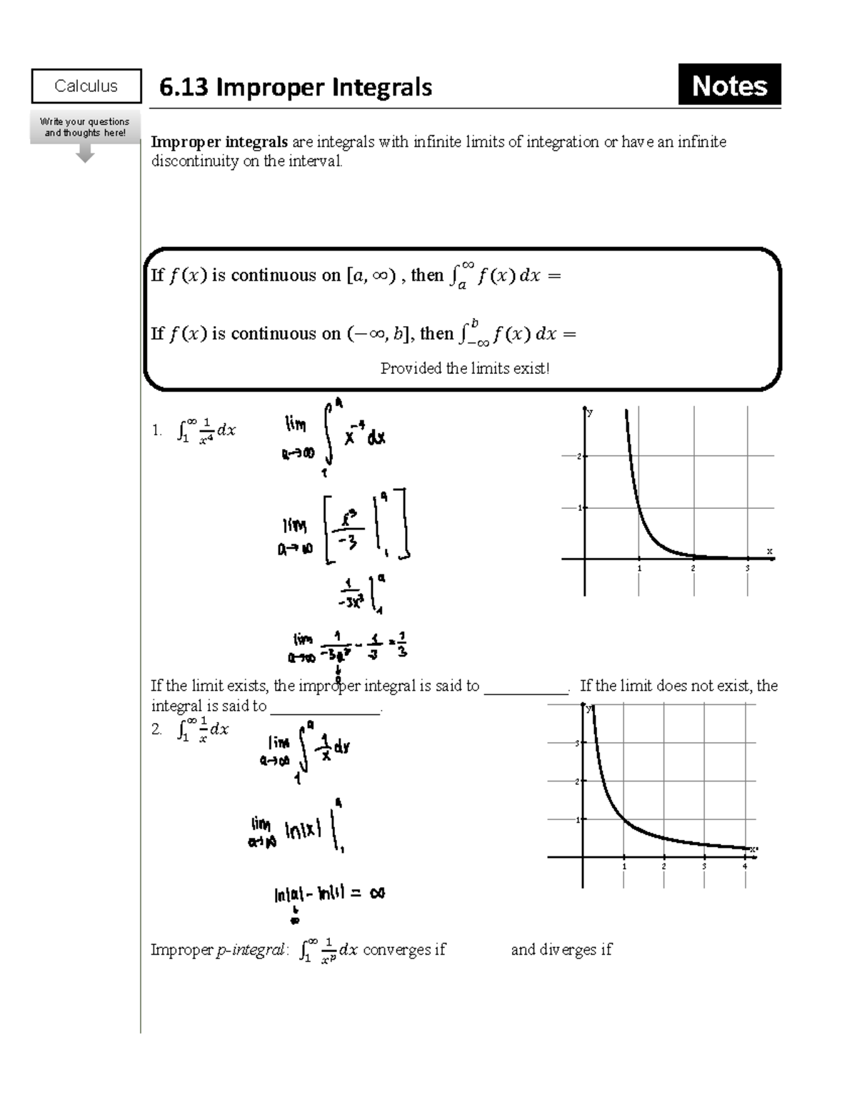 Calc 6 - Math - Improper integrals are integrals with infinite limits ...