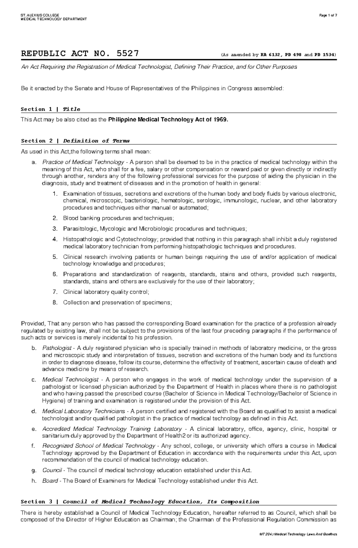 Philippine Medical Technology Act of 1969 (R.A. 5527) Overview - Studocu