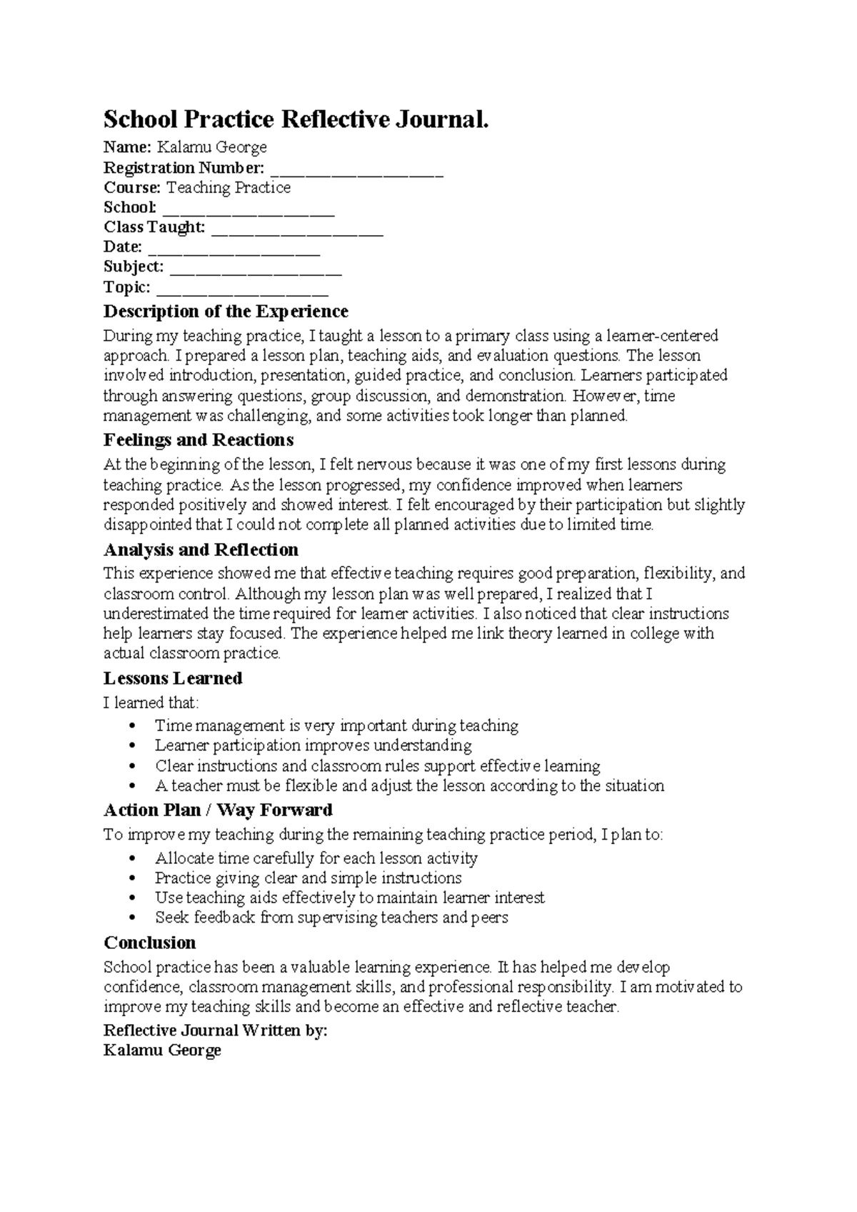 Teaching Practice Reflective Journal: Insights & Lessons Learned - Studocu