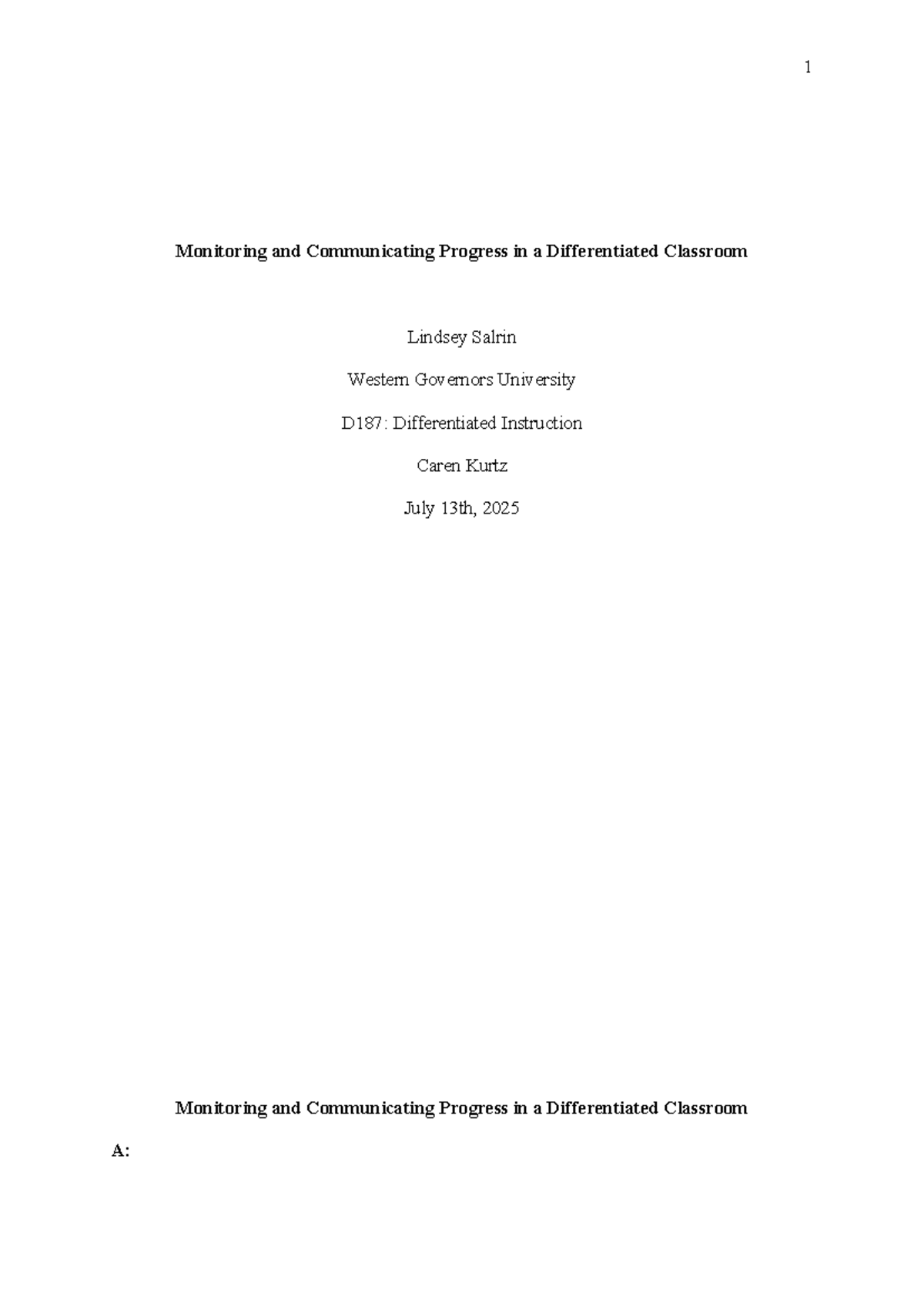 D187: Monitoring Student Progress in a Differentiated Classroom - Studocu