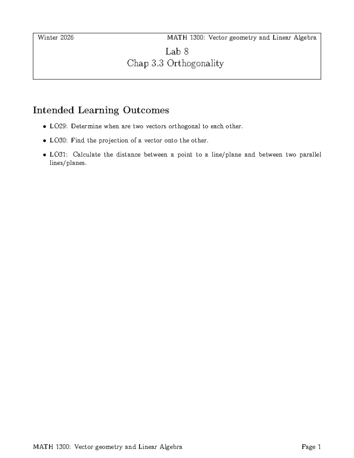 MATH 1300 Lab 8: Orthogonality & Vector Projections - Studocu