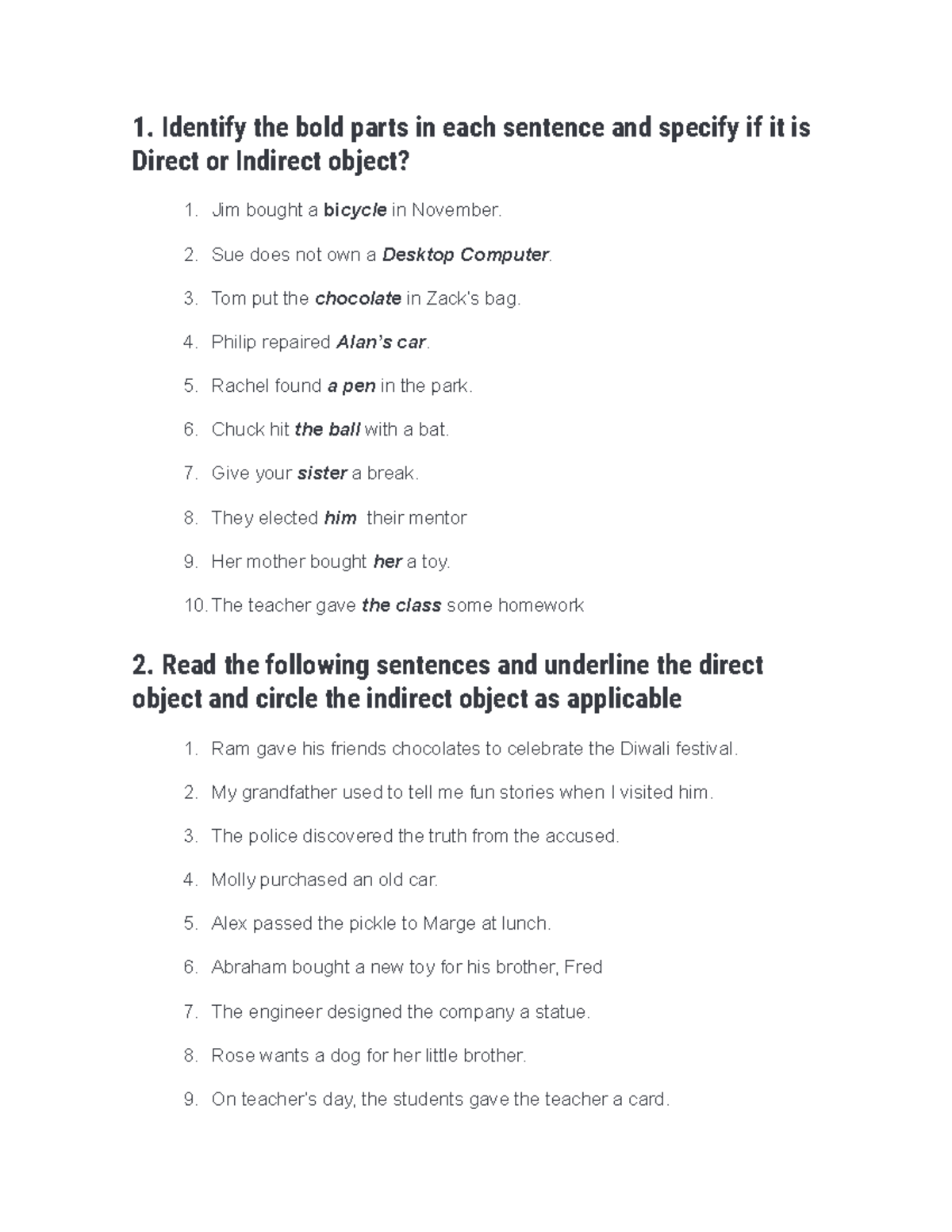 Direct and Indirect object - 1. Identify the bold parts in each ...