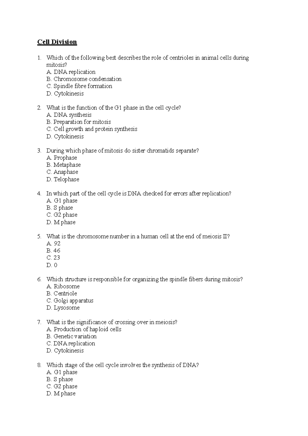 Asiya Cell Division Study Guide (BIO101) - Studocu