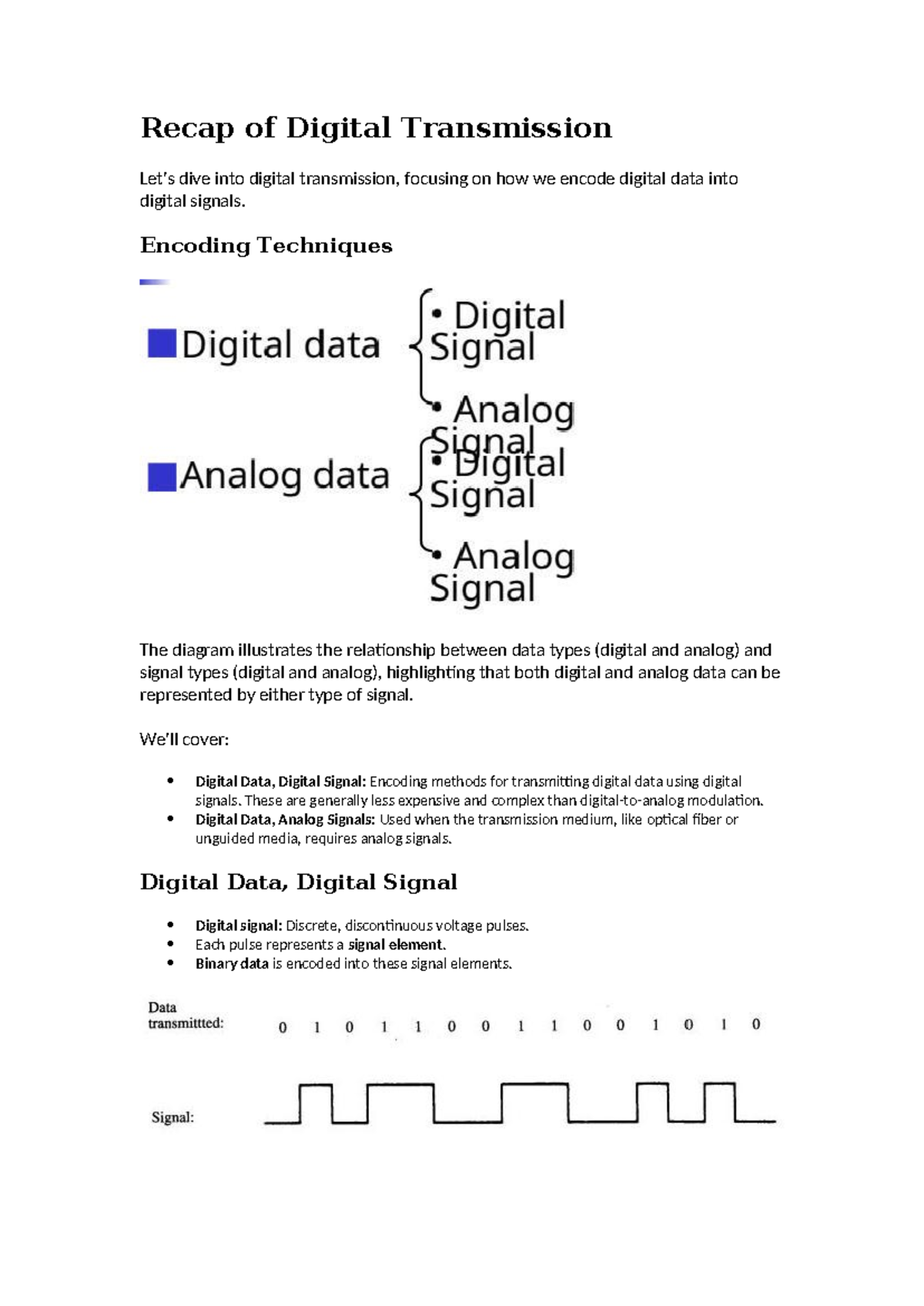 Digital Transmission Recap: Encoding Techniques and Methods - Studocu