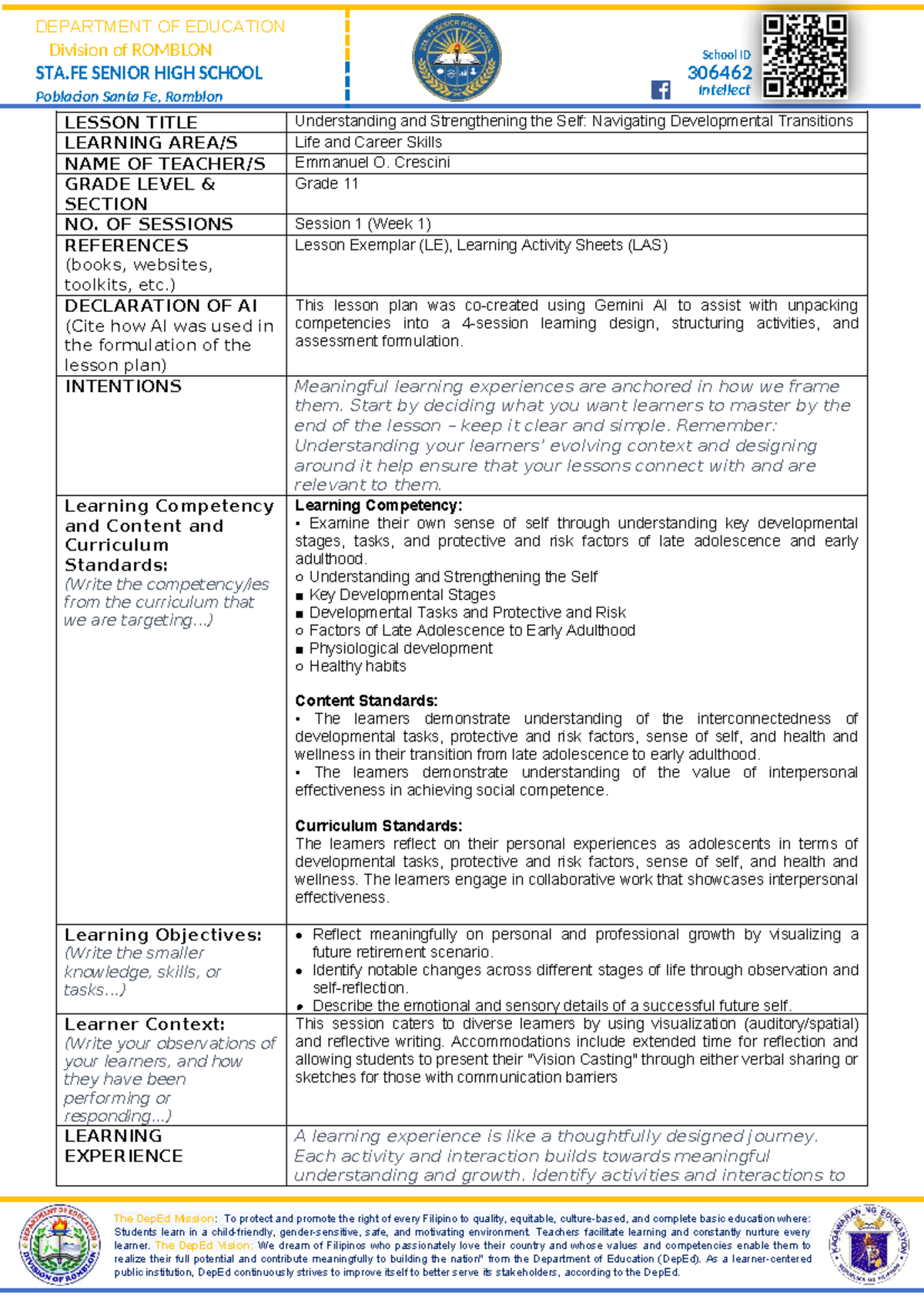 LCS-S1-W1: Understanding Self in Late Adolescence - Lesson Plan - Studocu