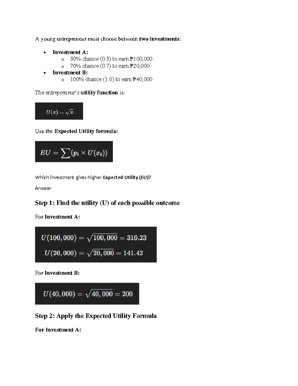 Expected Utility Analysis Activity: Investment Choices - Studocu