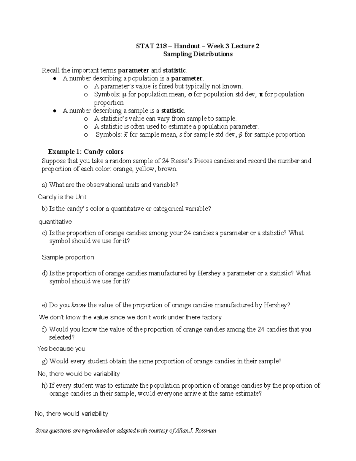 STAT 218 Week 3 Lecture 2: Understanding Sampling Distributions - Studocu