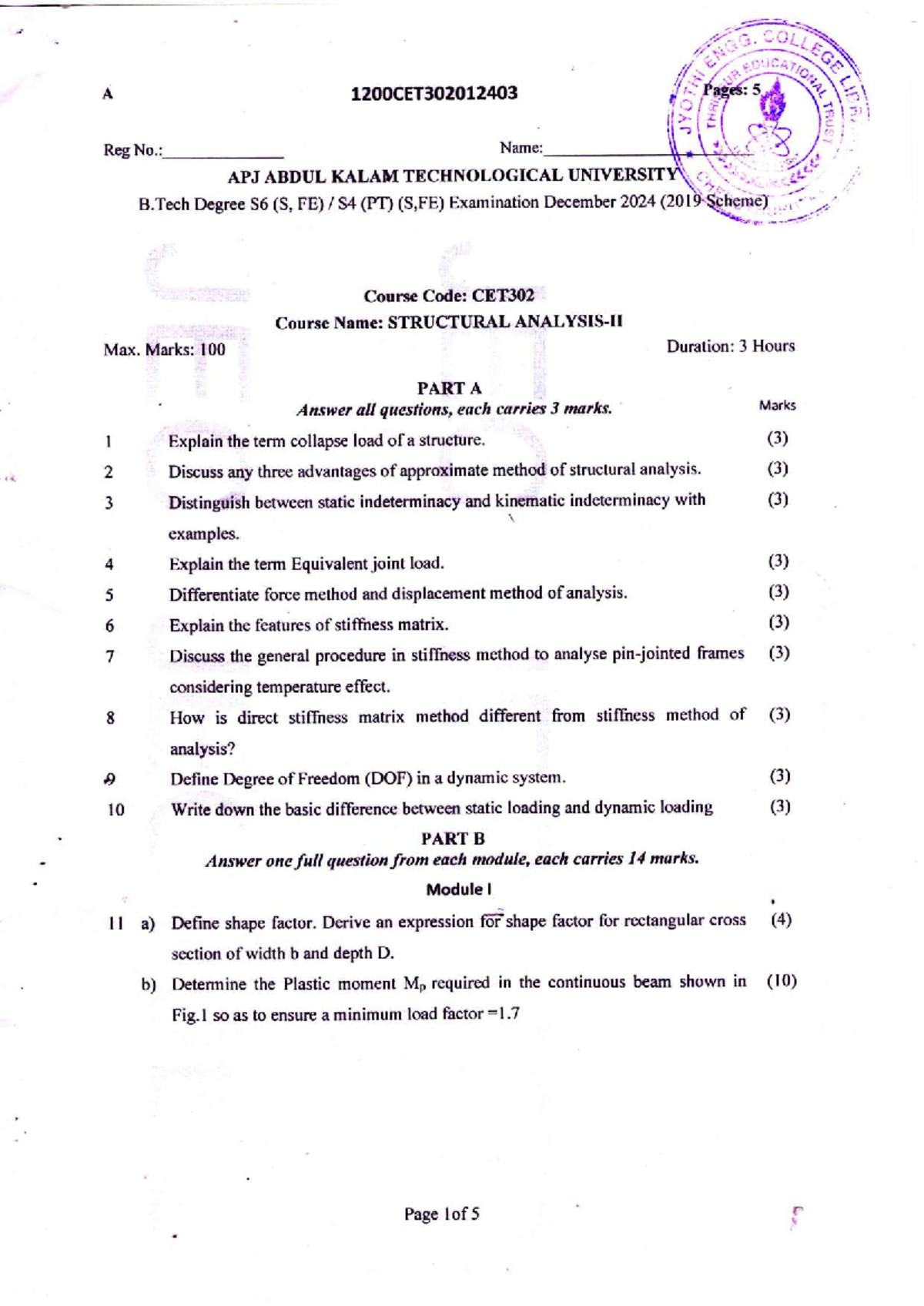 CET302 Structural Analysis-II December 2024 Exam Question Paper - Studocu