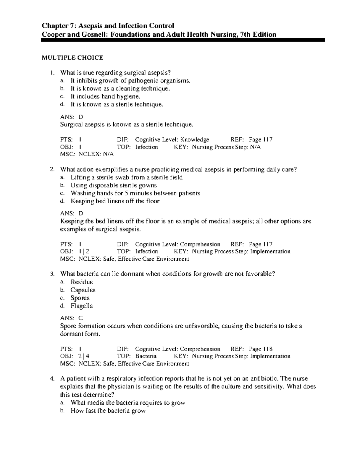 C7 - chapter practice questions - Chapter 7: Asepsis and Infection ...