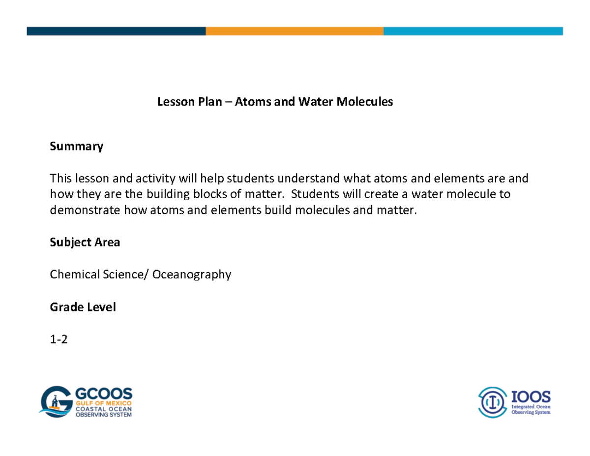 Atoms Water Molecules-Grades 1-2 - Lesson Plan – Atoms and Water ...