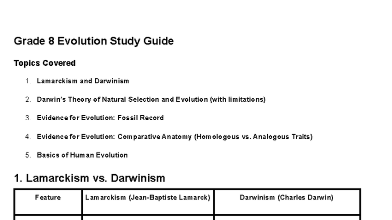 Grade 8 Evolution Study Guide: Lamarckism & Natural Selection - Studocu