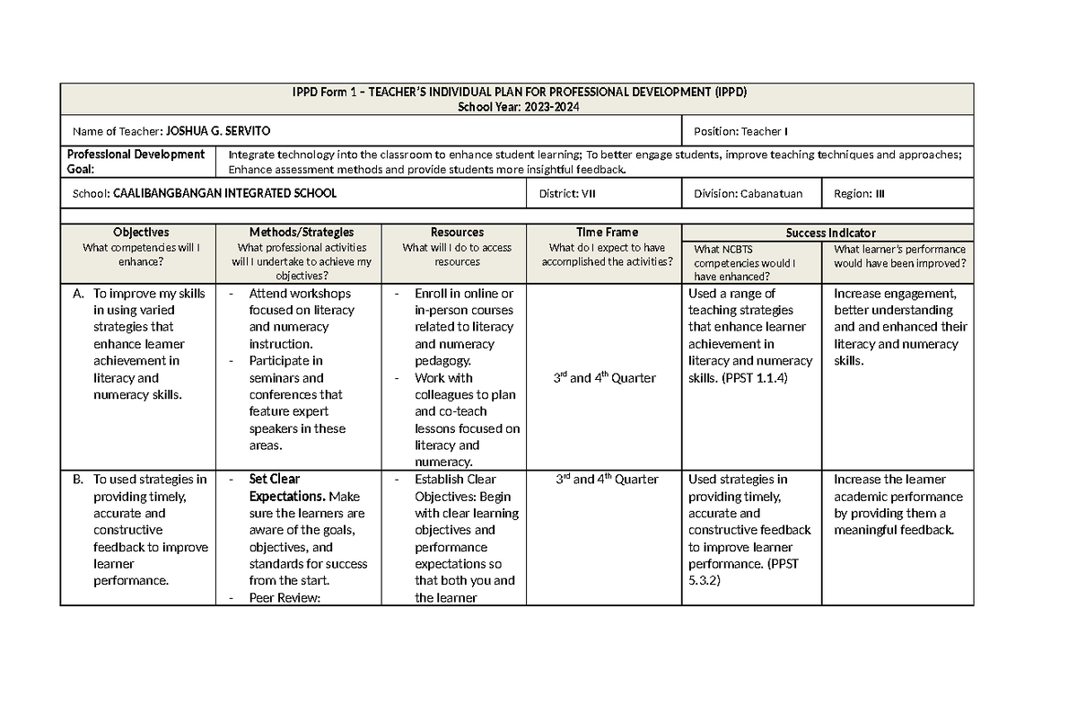 IPPD Form 1 - Sample Individual Plan for Teacher Development - Studocu