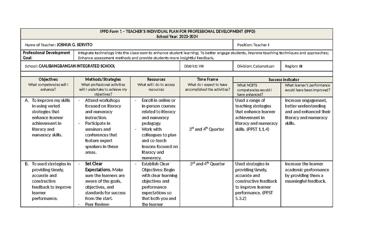 IPPD Form 1 - Sample IPPD for teachers - IPPD Form 1 – TEACHER’S INDIVIDUAL PLAN FOR ...
