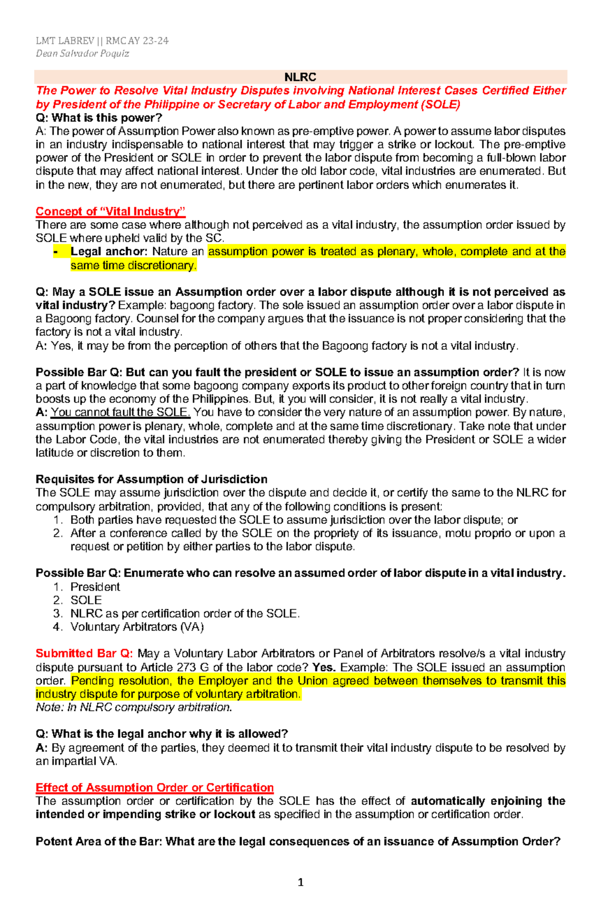Labrev 2 - Assumption Power in Labor Relations and NLRC Jurisdiction ...