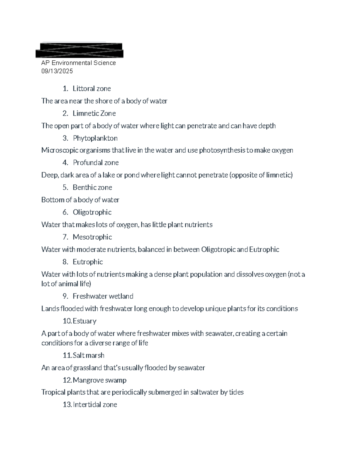 AP Environmental Science: Aquatic Zones & Ecosystems Notes - Studocu