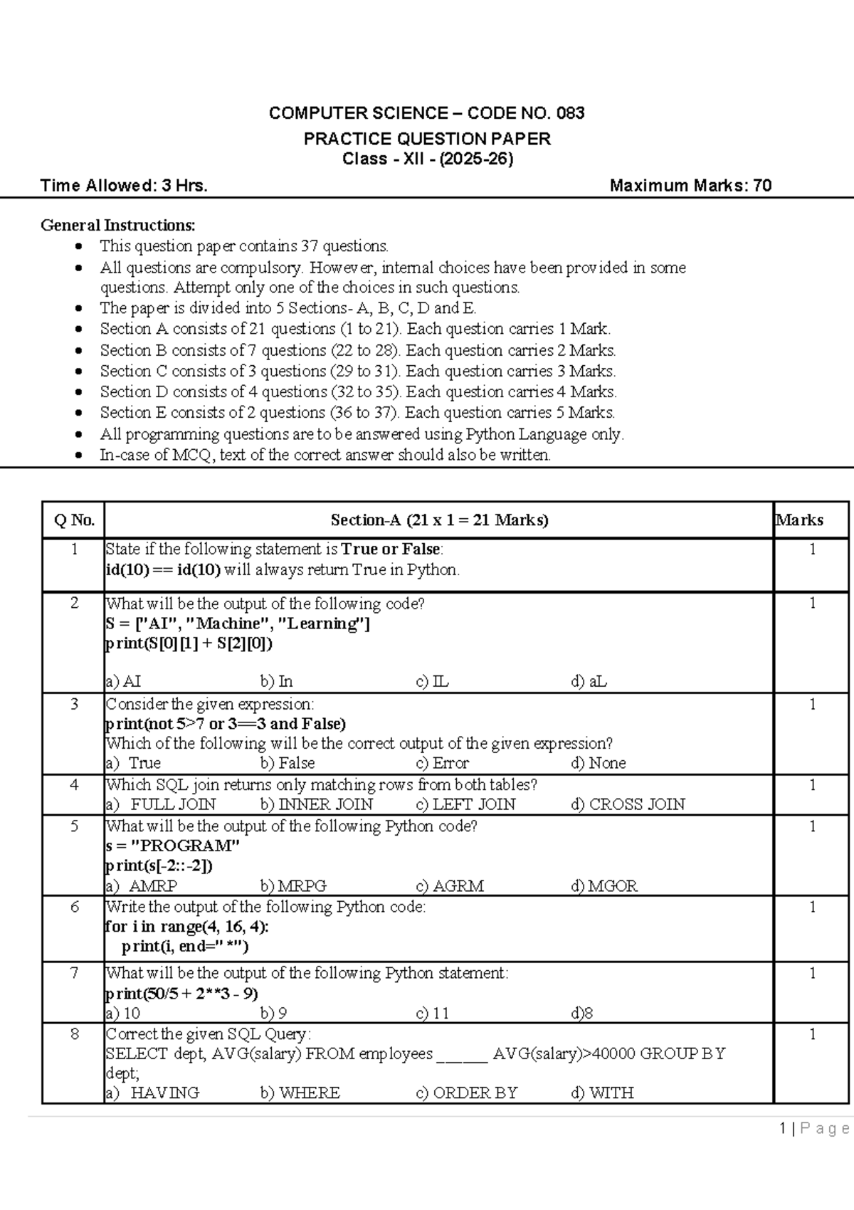 COMPUTER SCIENCE CODE NO. 083 PRACTICE QUESTION PAPER Class XII - Studocu