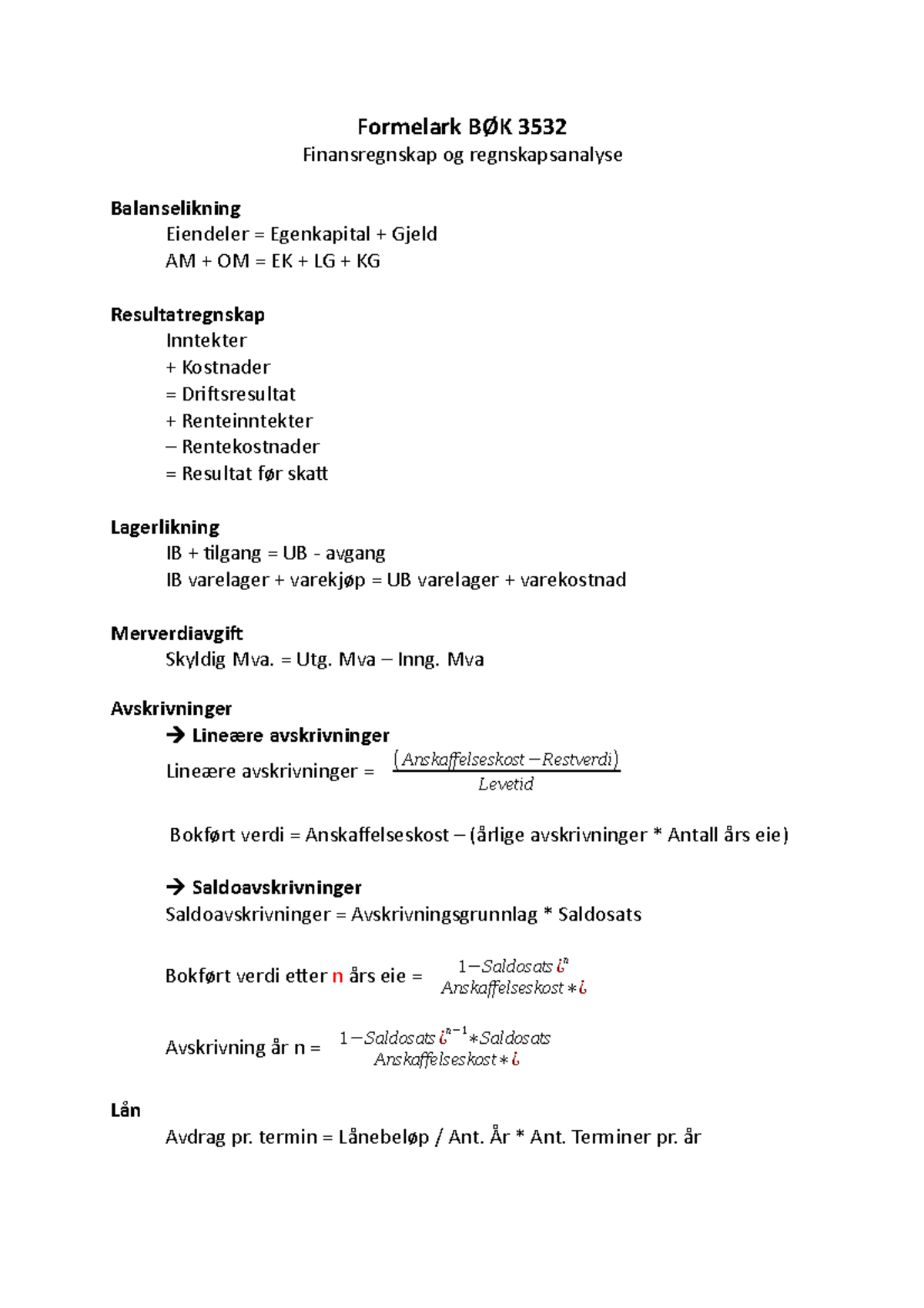 Finansregnskap og analyse - Formelark BØK 3532 - Studocu