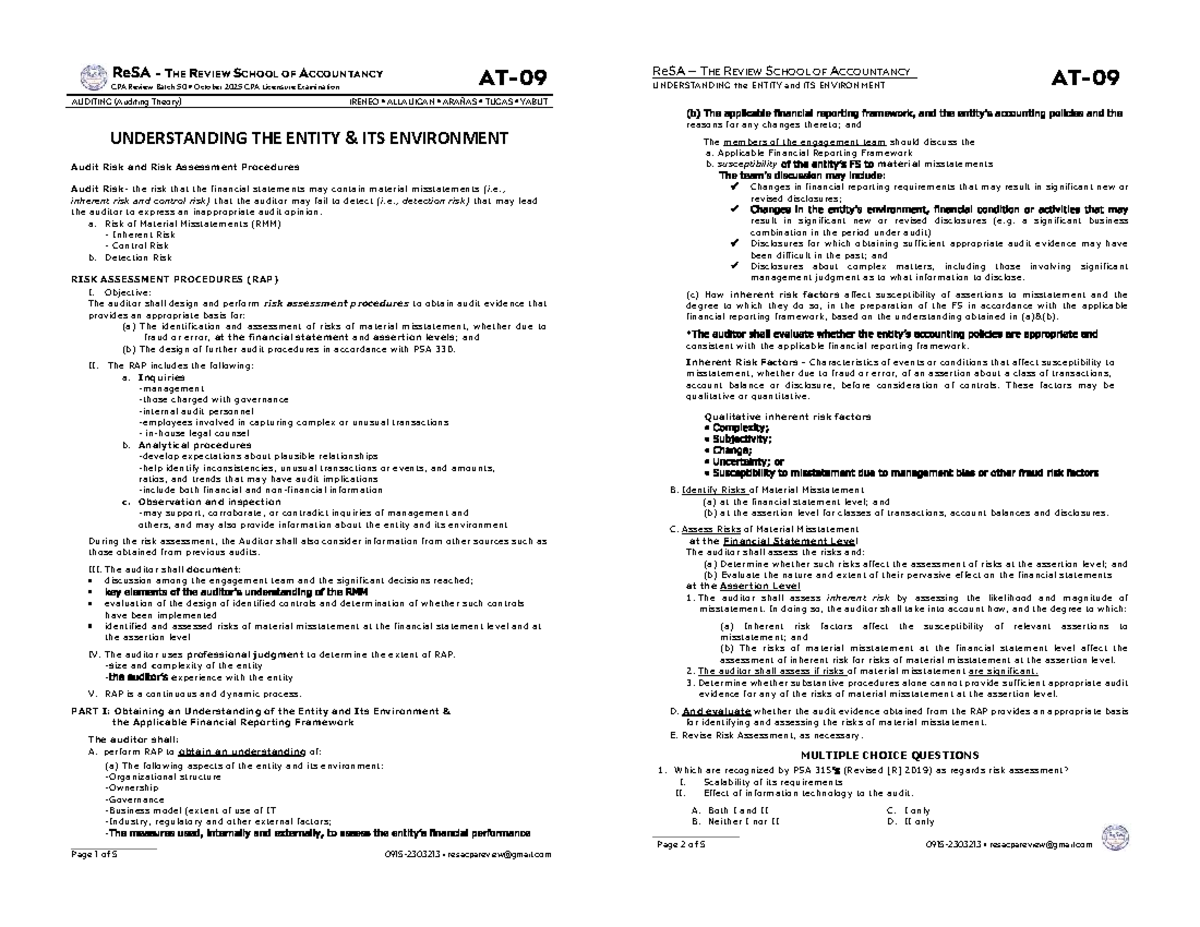 Understanding the Entity and Its Environment: Risk Assessment ...