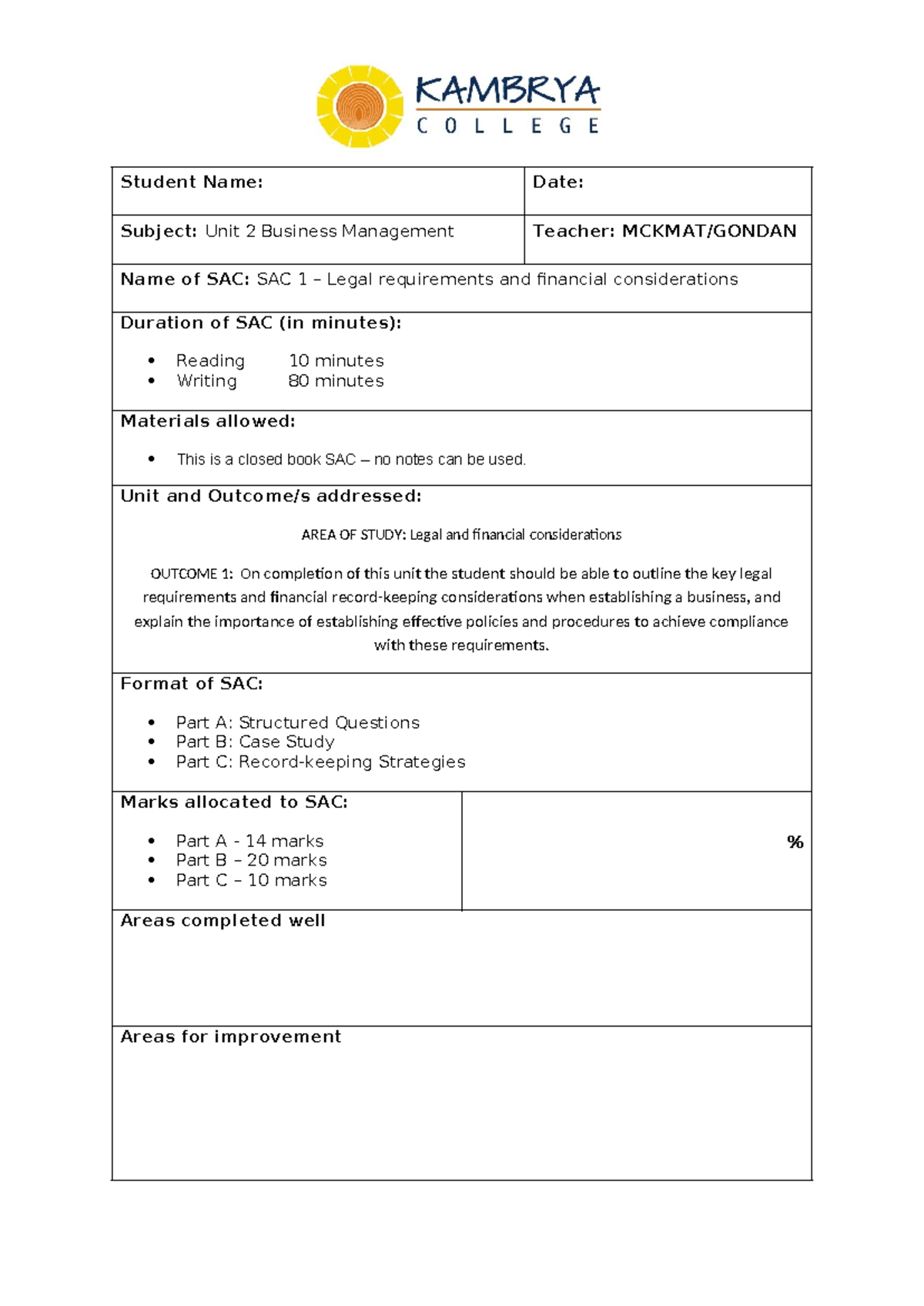 U2AOS1 Practice SAC: Legal & Financial Considerations Guide - Studocu