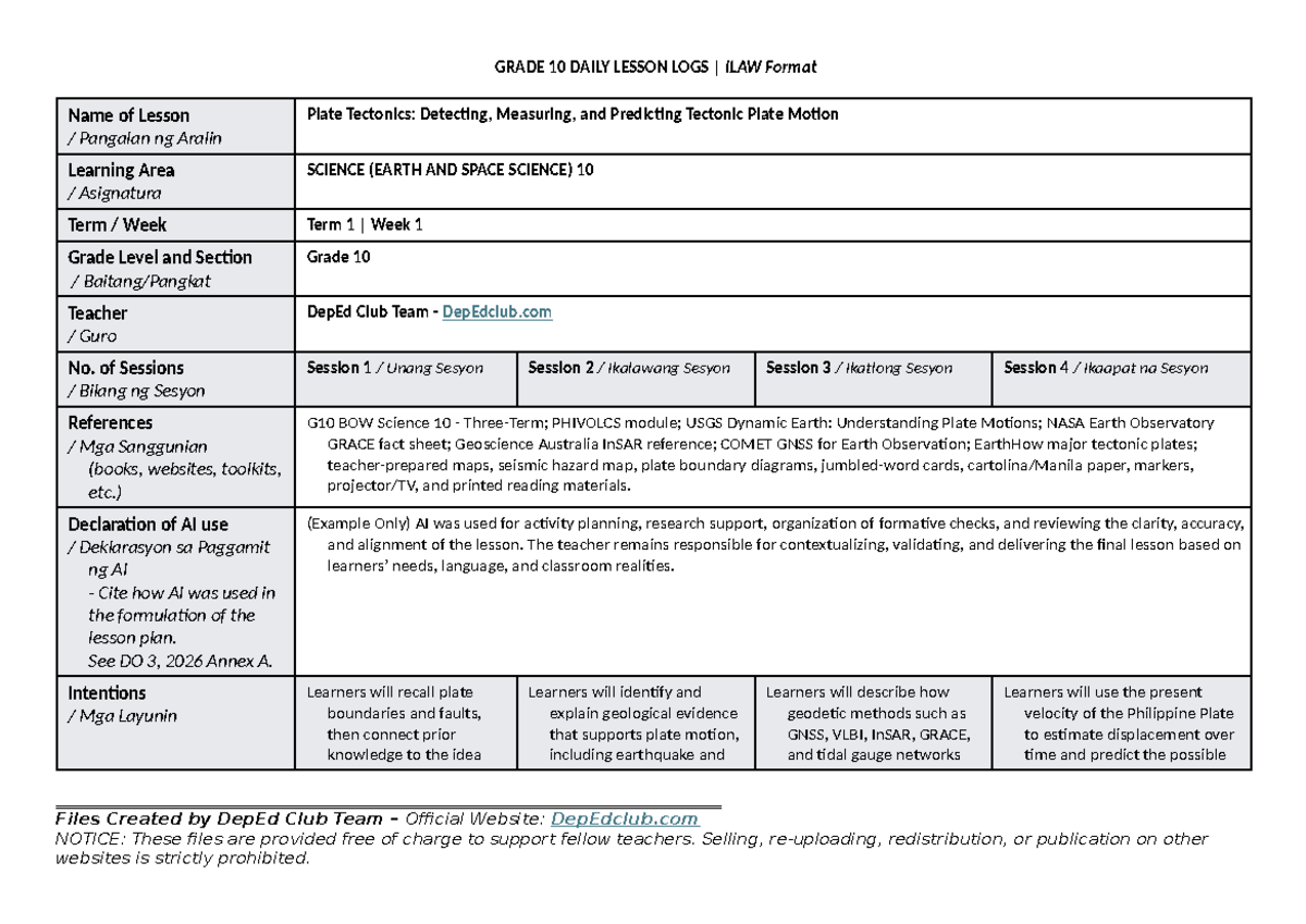 DTC ILAW Grade 10 Daily Lesson Log: Plate Tectonics Overview T1 W1 ...