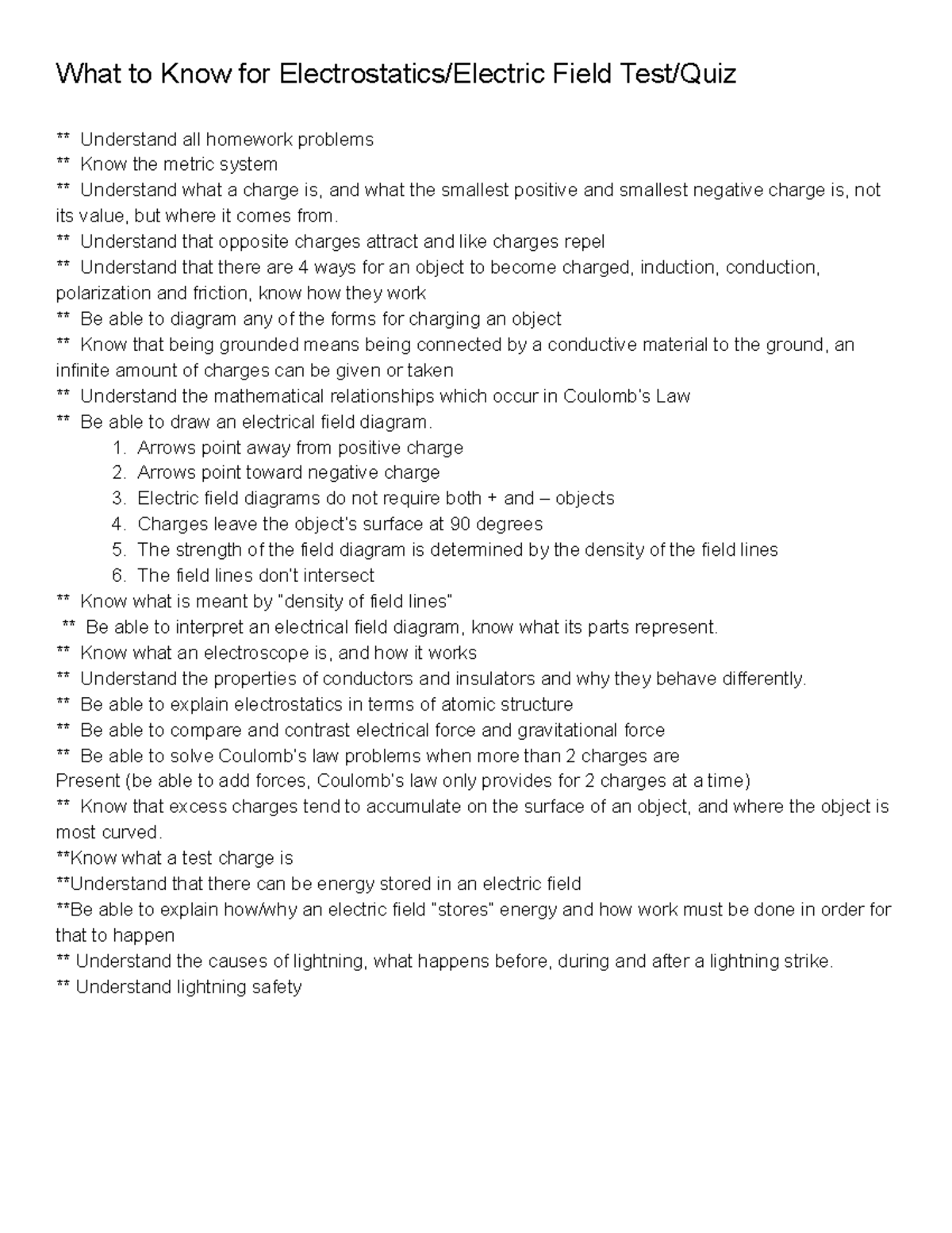 Electrostatics & Electric Field Quiz Review Guide - What to Know for ...