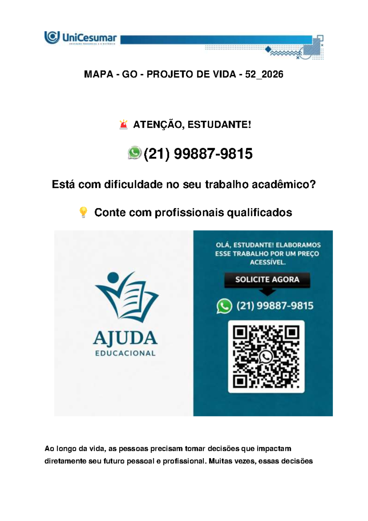 MAPA DO PROJETO DE VIDA 52_2026: DECISÕES E PLANEJAMENTO PESSOAL - Studocu