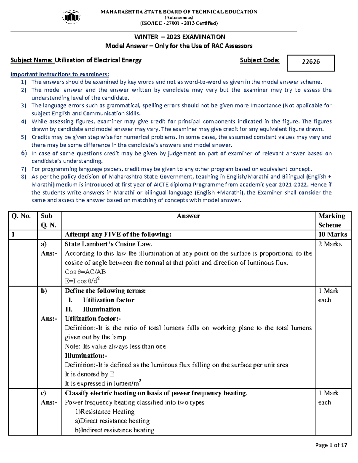 UEE 22626 Winter 2023 Model Answer Paper for Electrical Energy Utilization - Studocu