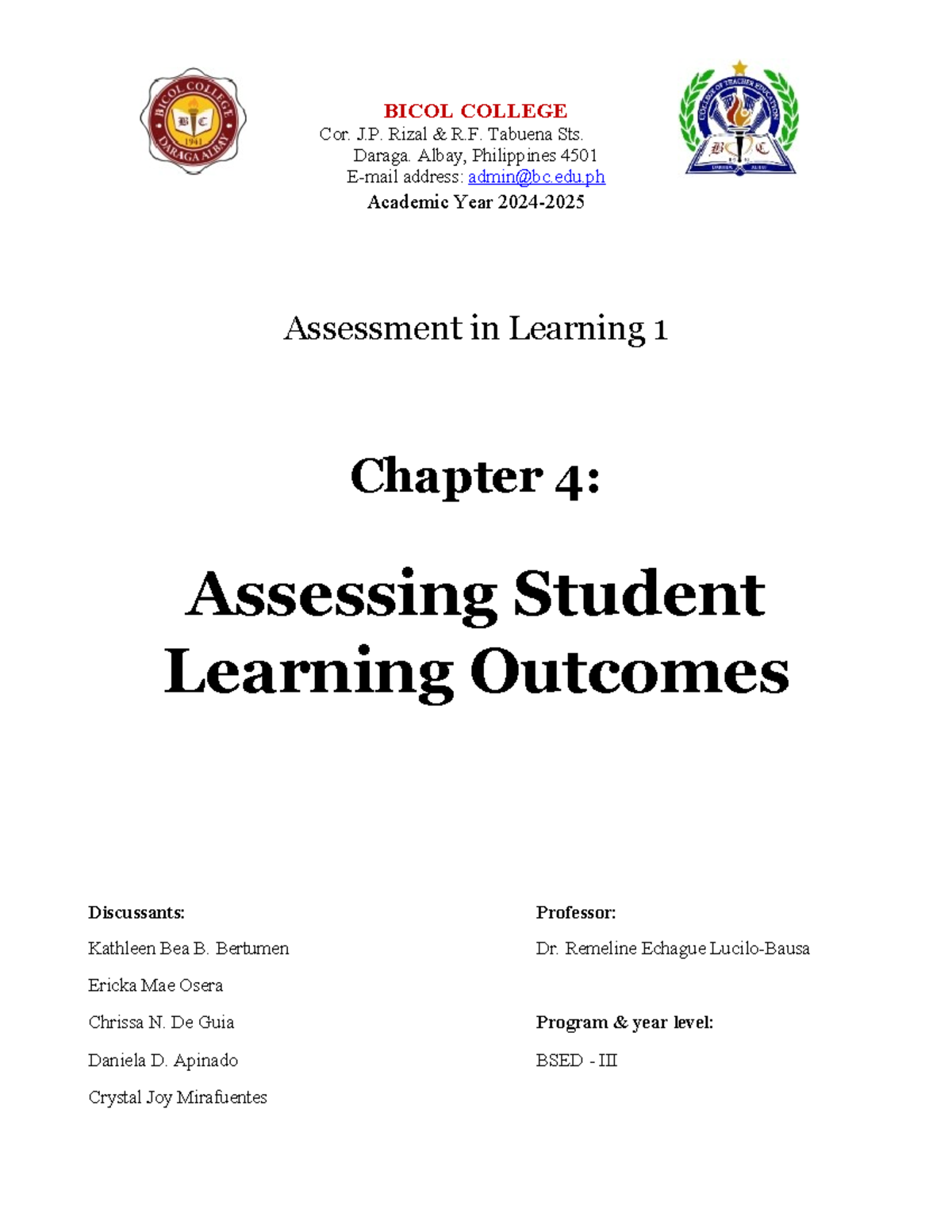 BSED E Chapter 4: Assessing Student Learning Outcomes - Studocu