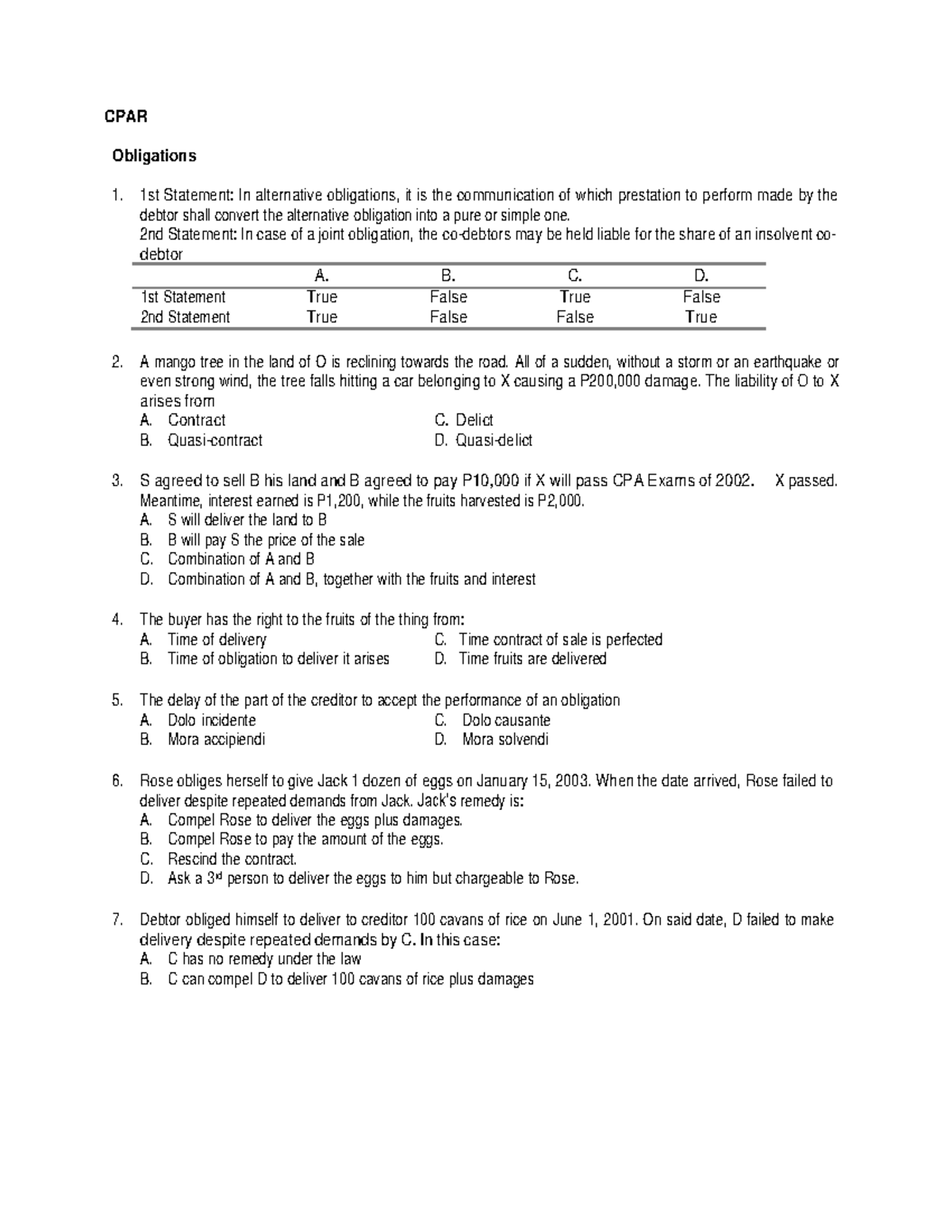 CPAR-BL - CPAR BL EXAM: Obligations and Contracts Review Notes - Studocu