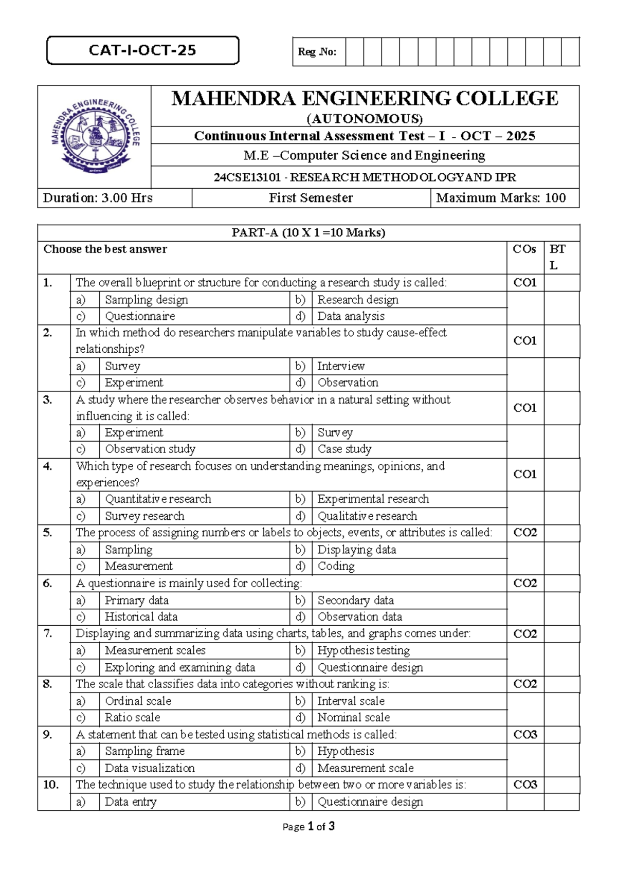 Question Paper 1: Research Methodology and IPR - 24CSE13101 Continuous ...