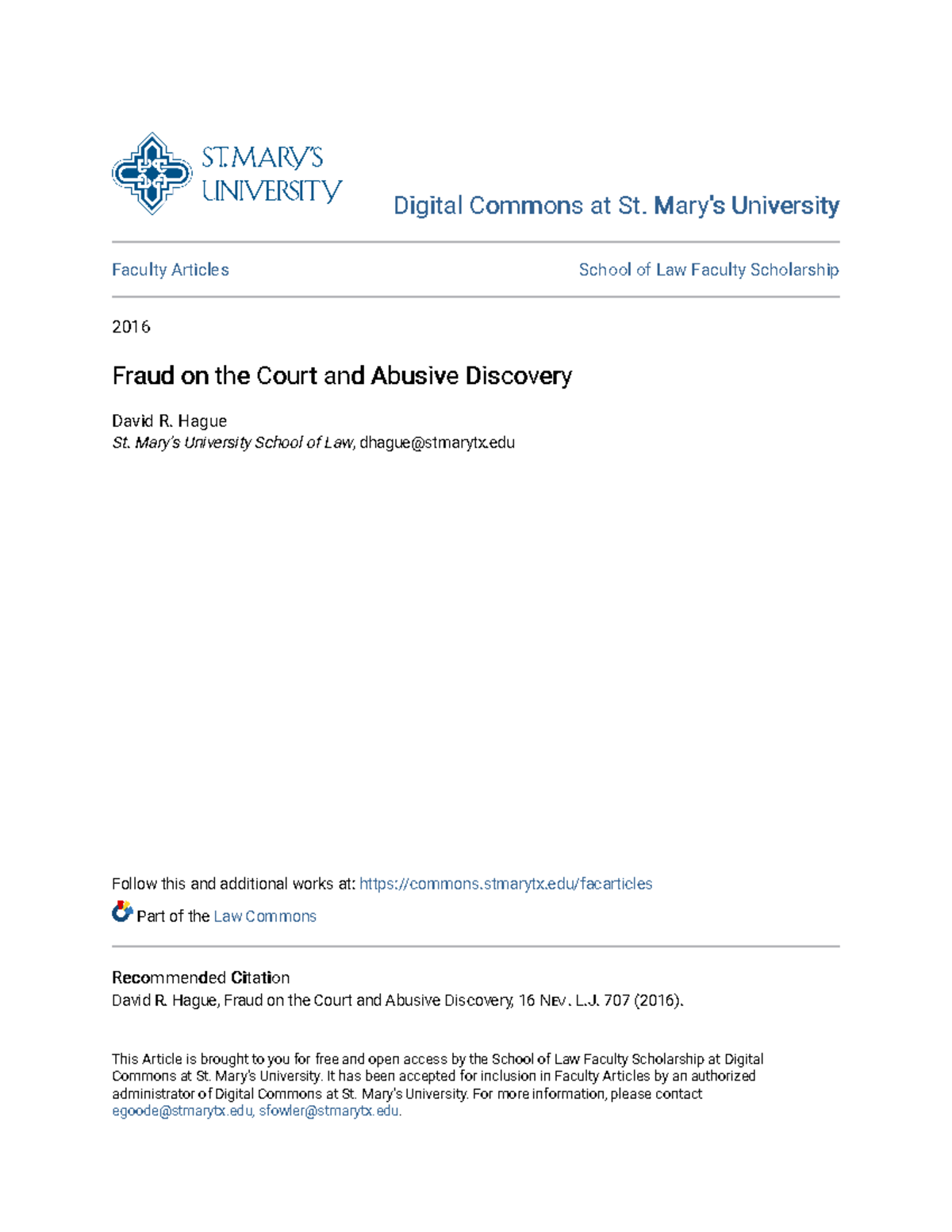 Fraud on the Court and Abusive Discovery - Digital Commons at St. Mary ...
