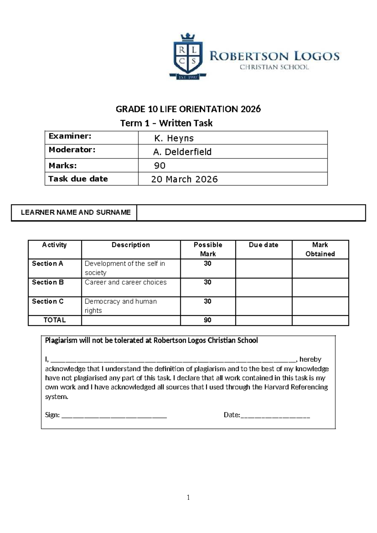 Grade 10 Life Orientation 2026 Term 1 Written Task: Self, Careers ...